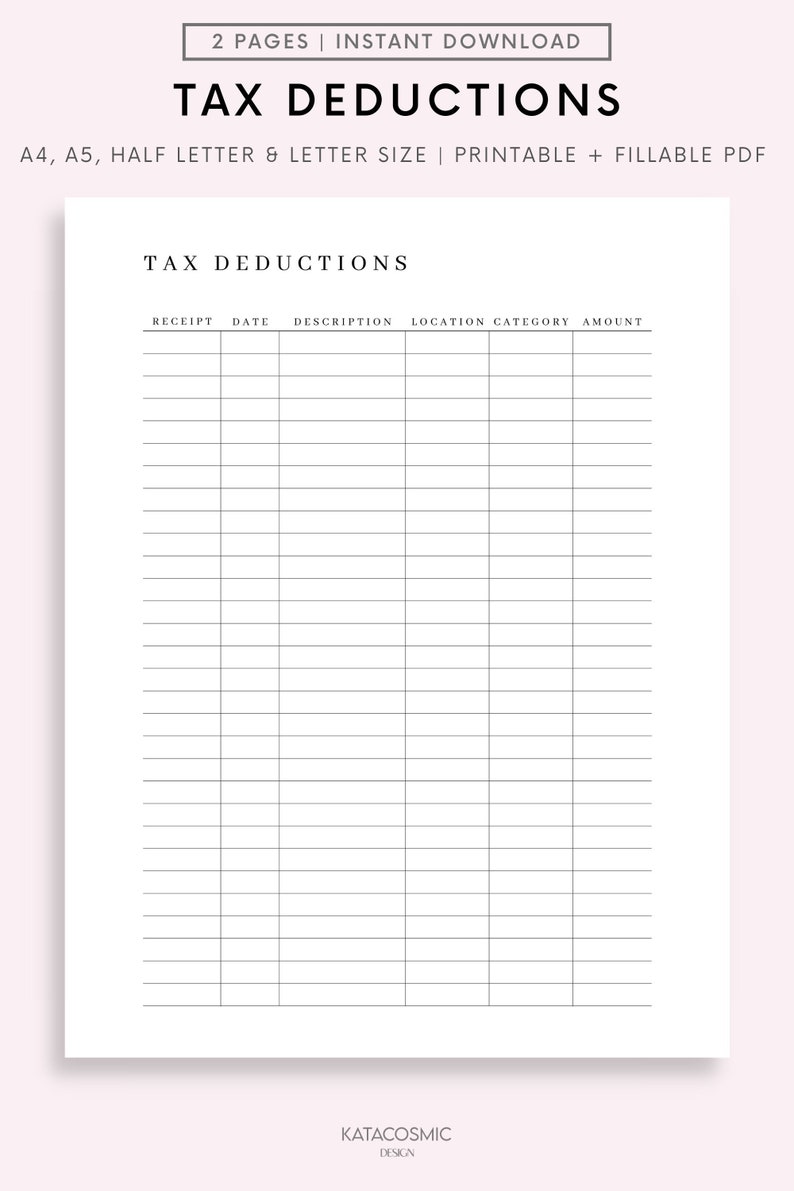 Printable Tax Deduction Tracker Business Tax Log Purchase - Etsy