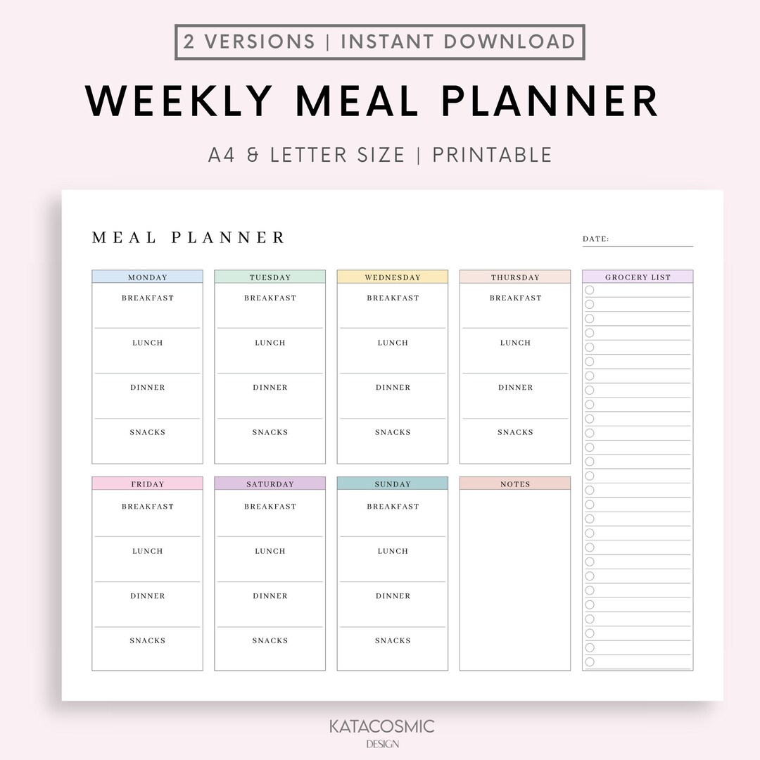 Printable Weekly Meal Planner Landscape, Food Diary, Meal Tracker, Food ...