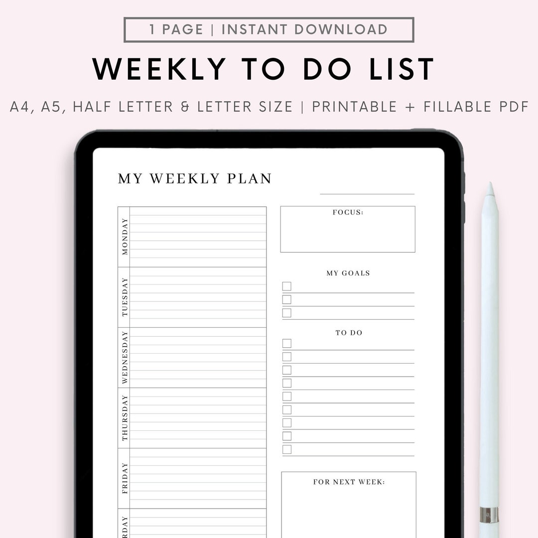 Weekly to Do List Printable, Minimalist Weekly Planner, Weekly Agenda ...