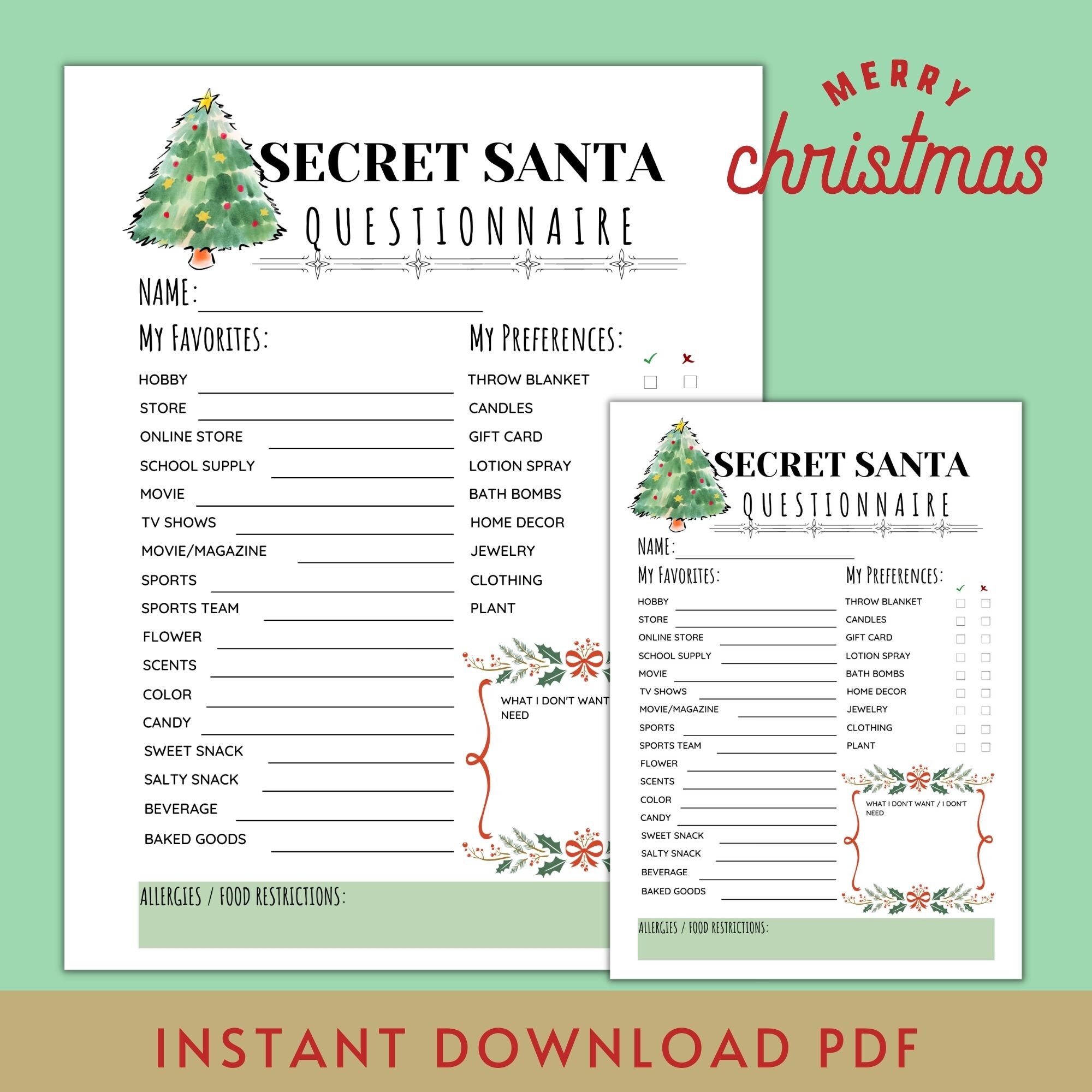 Printable Secret Santa Questionnaire for Christmas Gift Exchange ...