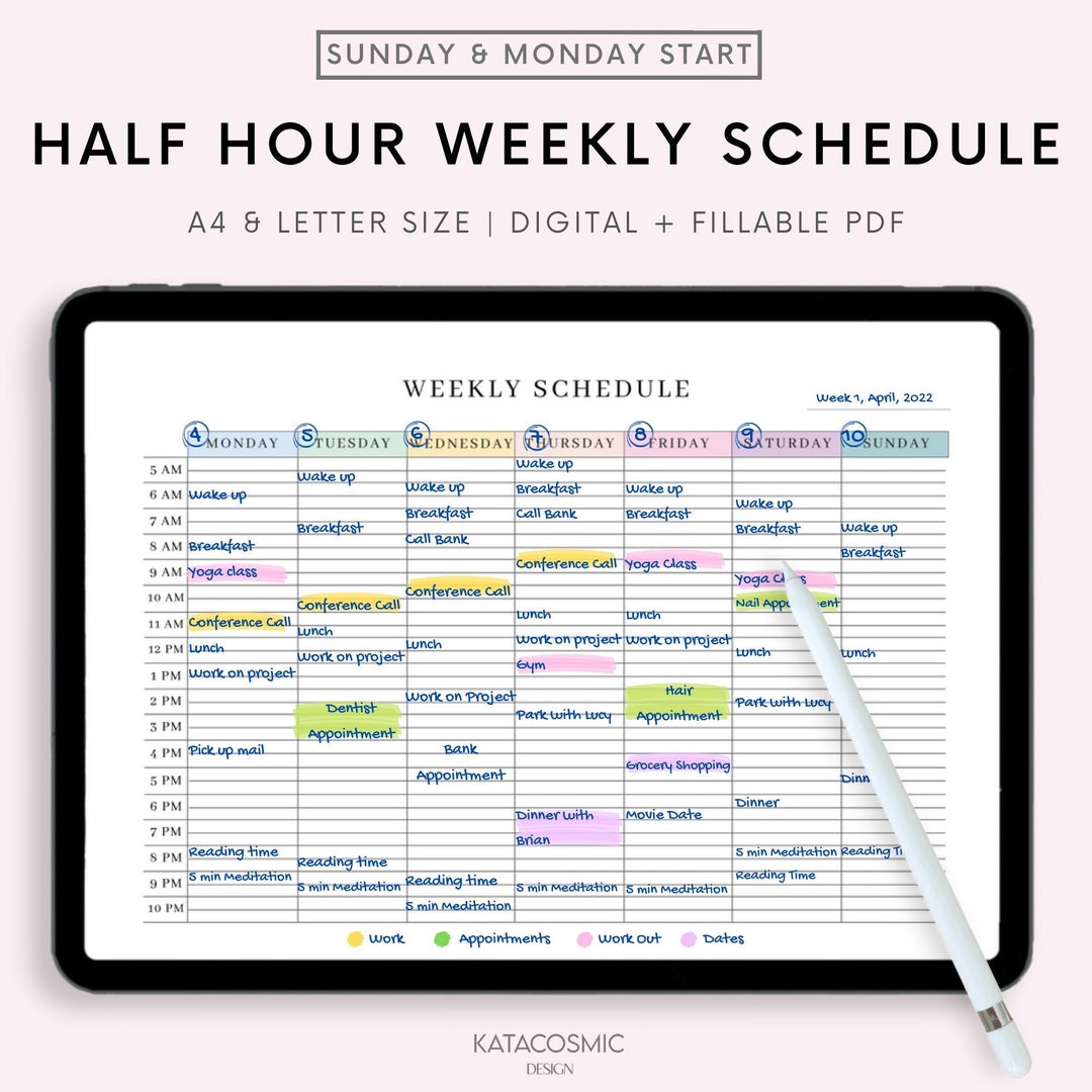 Half Hour Weekly Schedule Landscape, Weekly Planner Printable, Week at ...