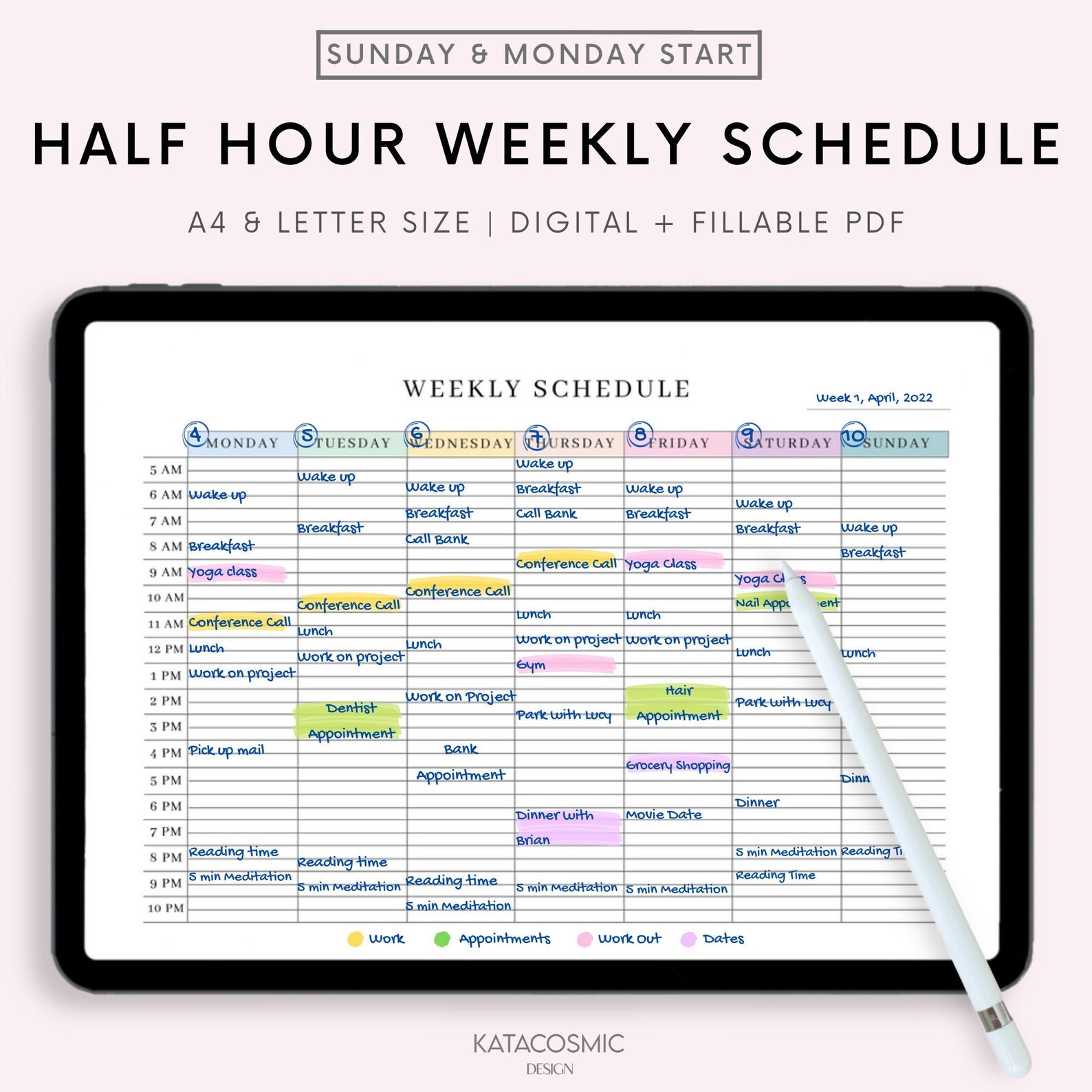 Half Hour Weekly Schedule Landscape Weekly Planner Printable - Etsy