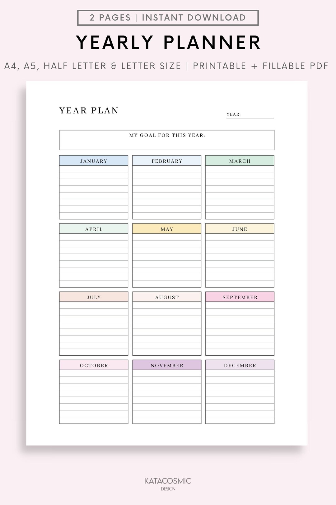 Editable Yearly Planner, Printable Yearly Overview on One Page, Year at ...
