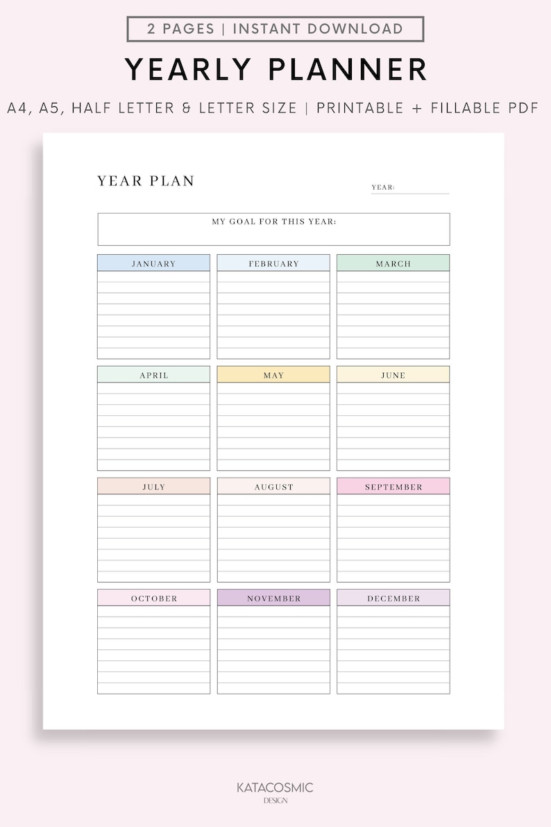 Editable Yearly Planner Printable Yearly Overview on One - Etsy