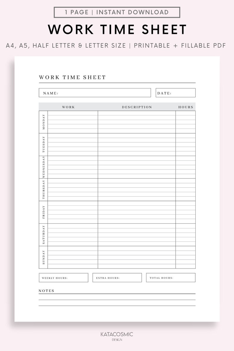 Printable Employee Time Sheet Editable Digital Template, Printable Time ...