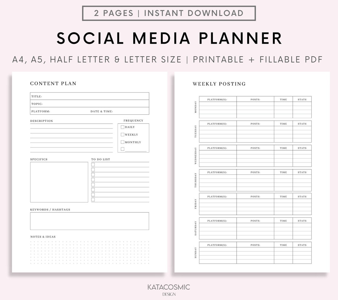 Social Media Planner Printable, Content Planner for Instagram, Youtube ...
