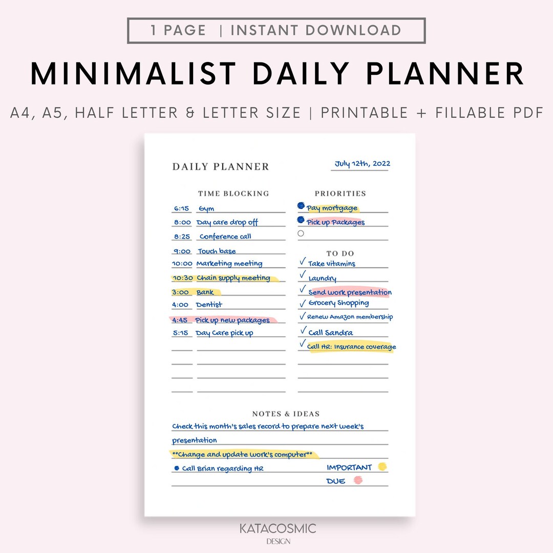 Minimalist Daily Planner Printable, Daily to Do List for Work/home ...