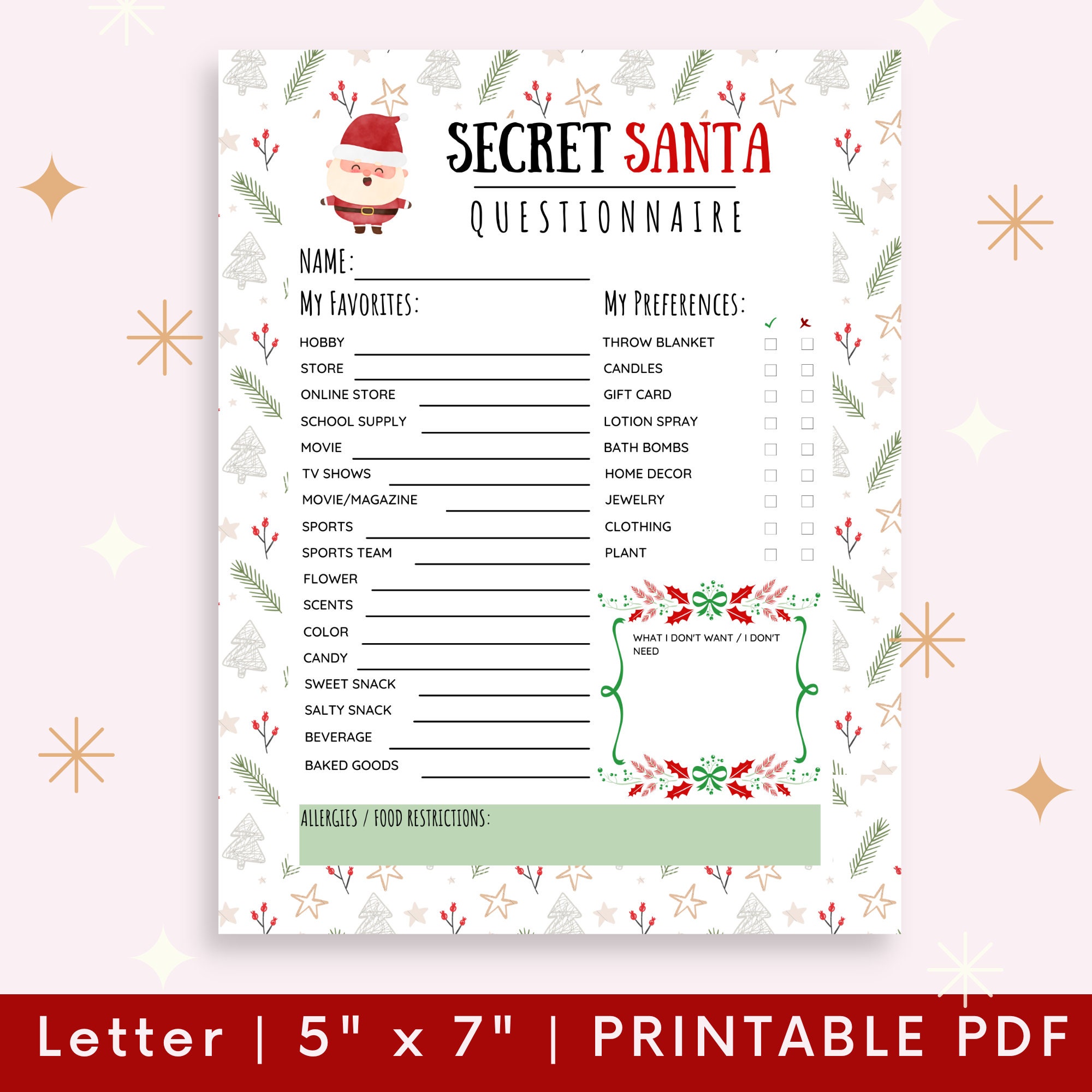 Christmas Secret Santa Questionnaire Invitation, Gift Exchange Form ...