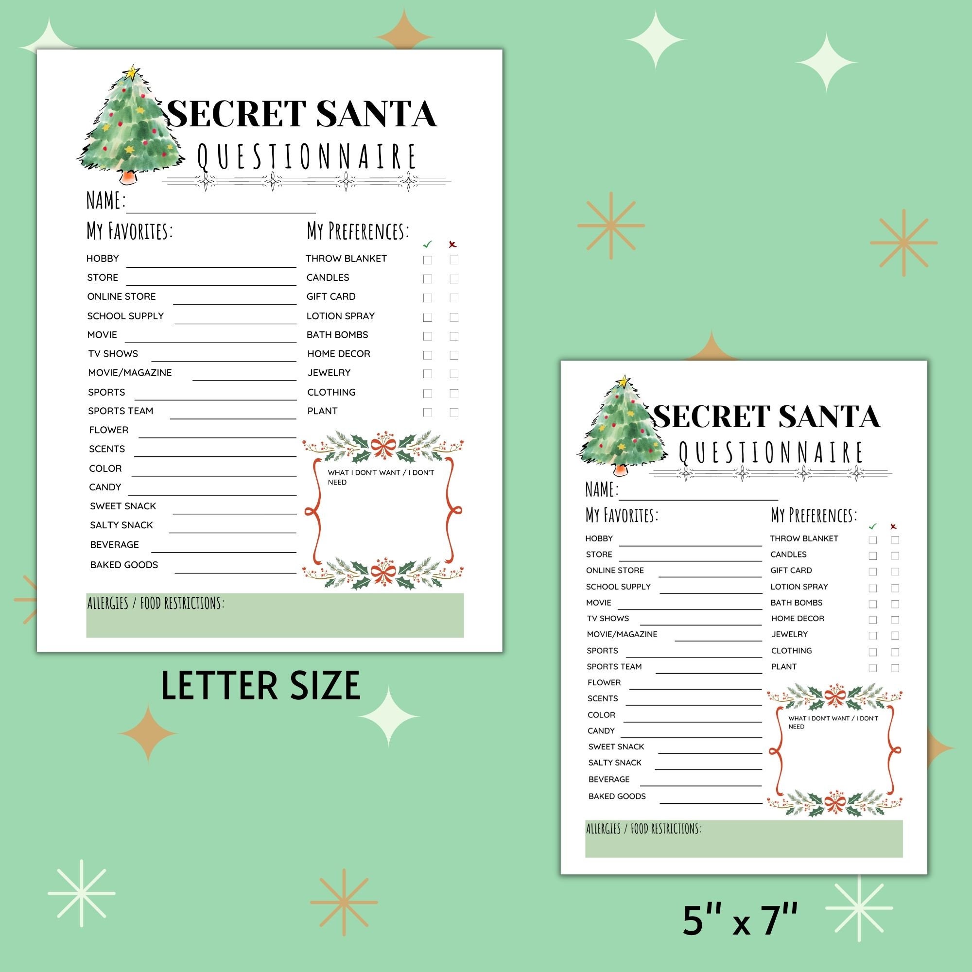 Printable Secret Santa Questionnaire for Christmas Gift Exchange ...