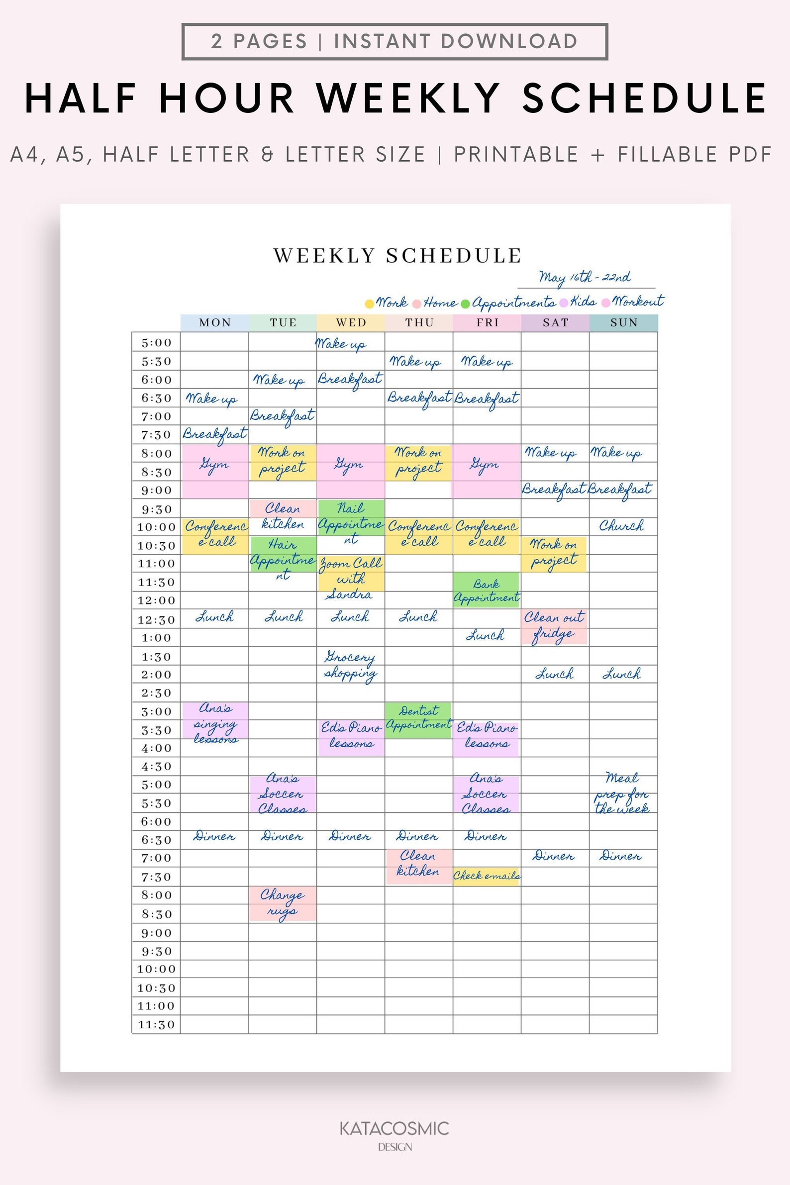 Simple Half Hour Weekly Schedule Weekly Planner Printable - Etsy