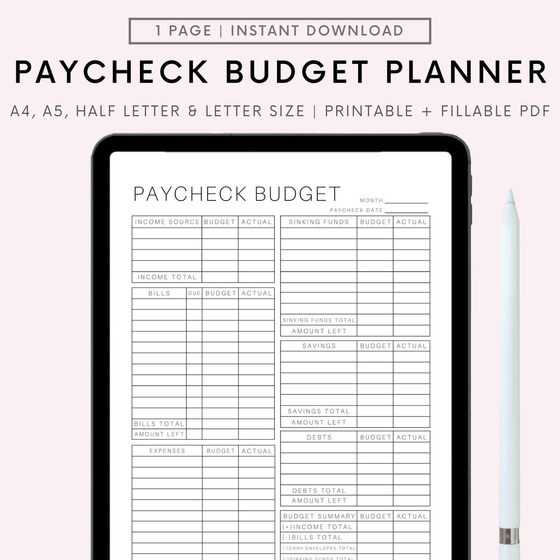 Editable Paycheck Budget Planner Template Printable, Monthly Budget ...