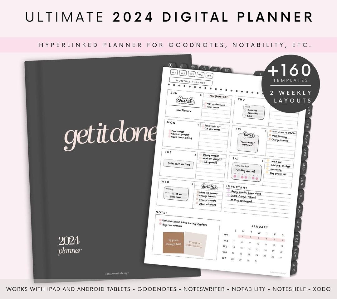 2024 Digital Planner, Dated Digital Planner, Black Digital Journal ...