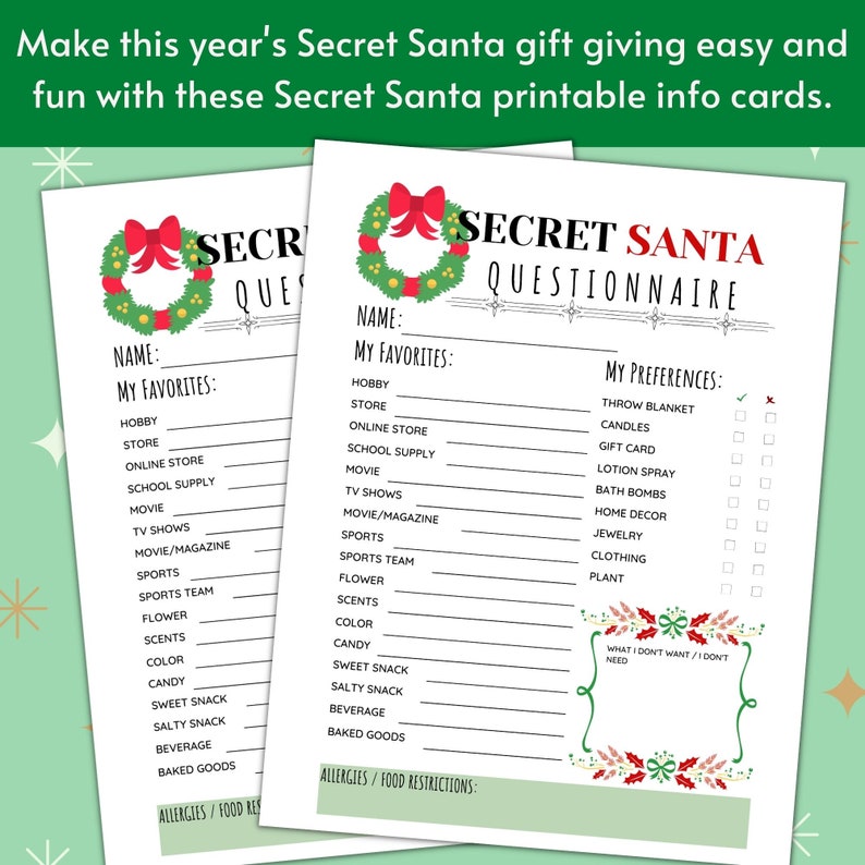 Printable Secret Santa Questionnaire for Christmas Gift Exchange ...