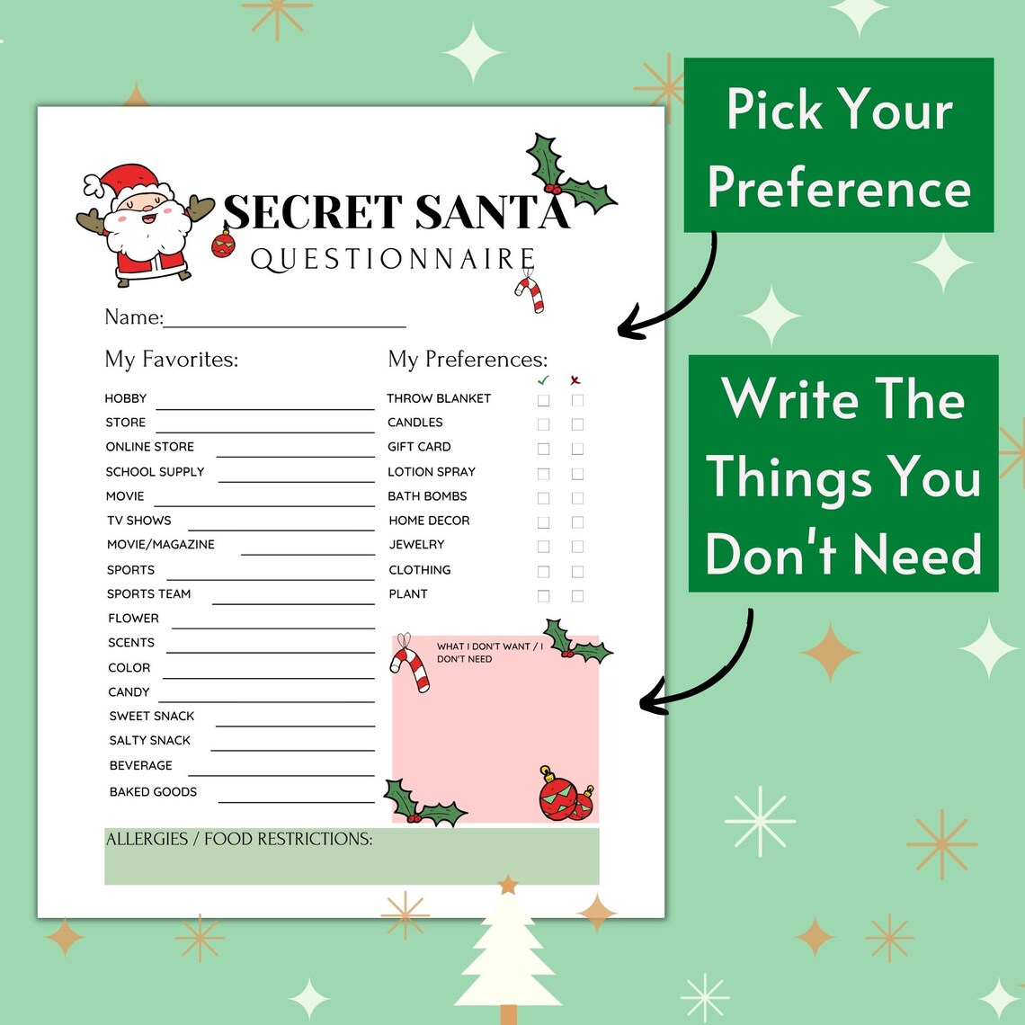 Printable Secret Santa Questionnaire for Christmas Gift Exchange ...
