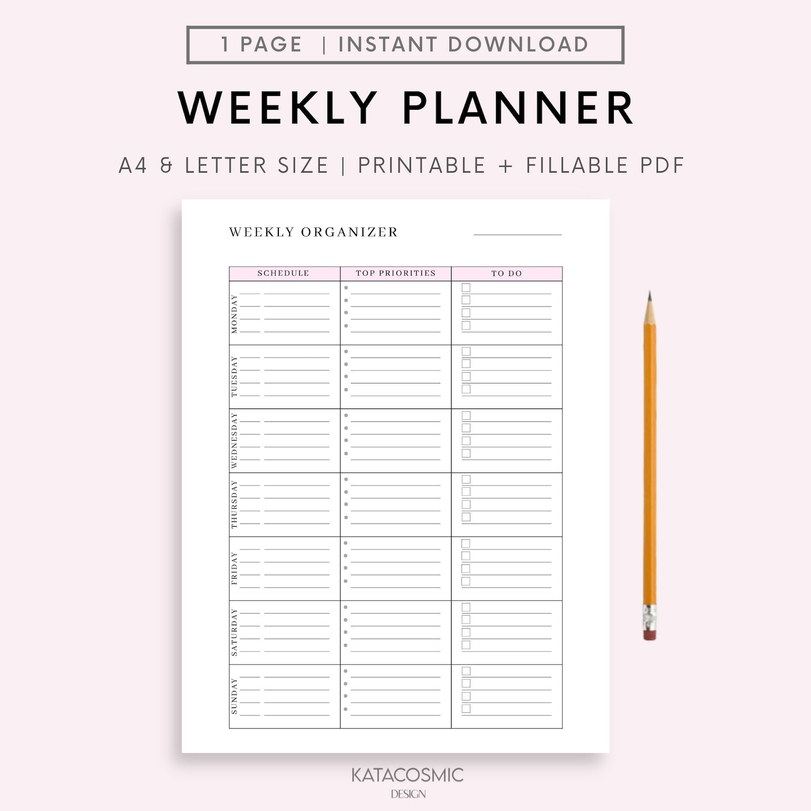 Weekly Planner Printable Landscape, Minimalist Weekly Schedule, Week at ...