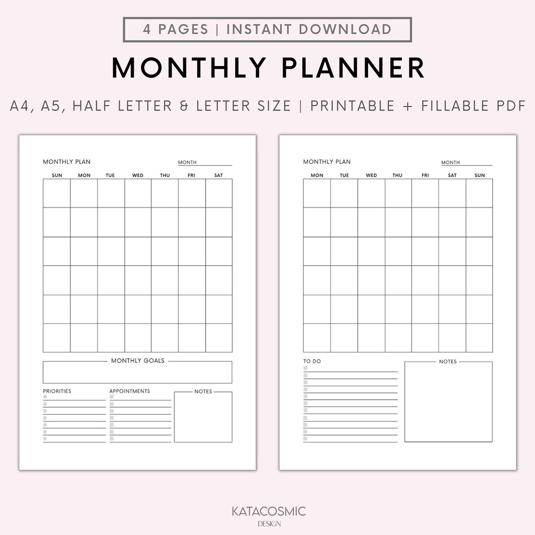 Monthly Planner Printable, Productivity Planner, Monthly Agenda, Monday ...