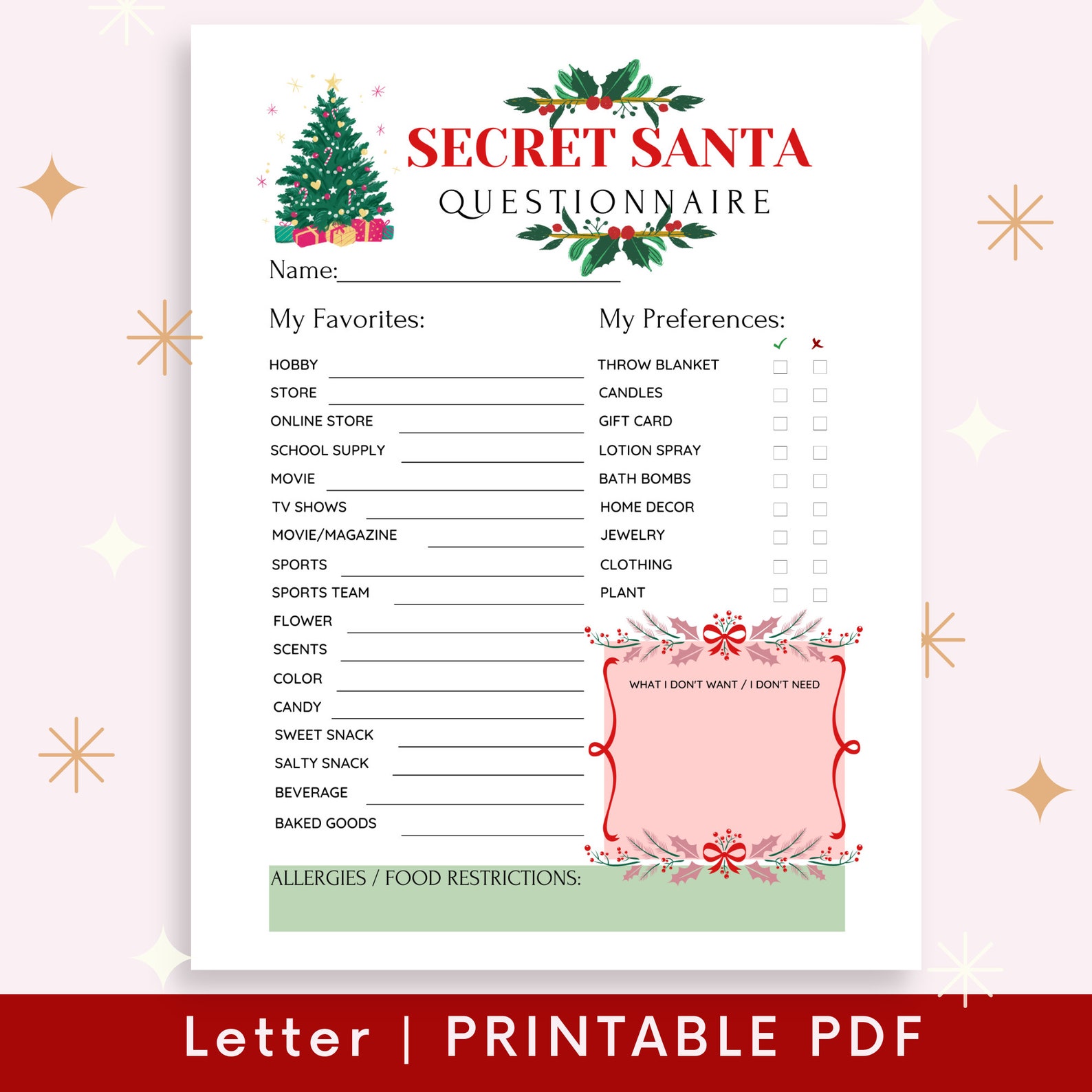 EDITABLE Secret Santa Questionnaire Printable Questions for - Etsy