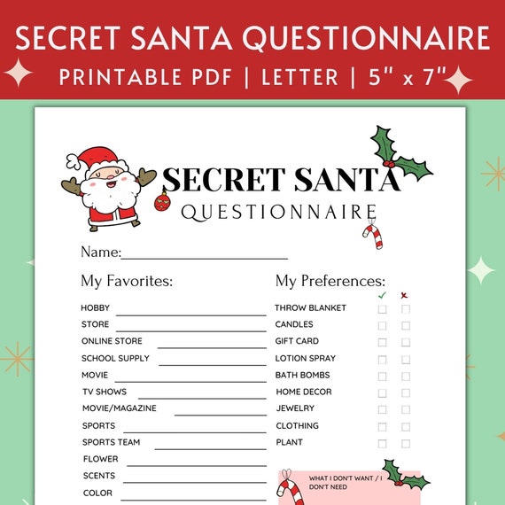 Printable Secret Santa Questionnaire for Christmas Gift | Etsy