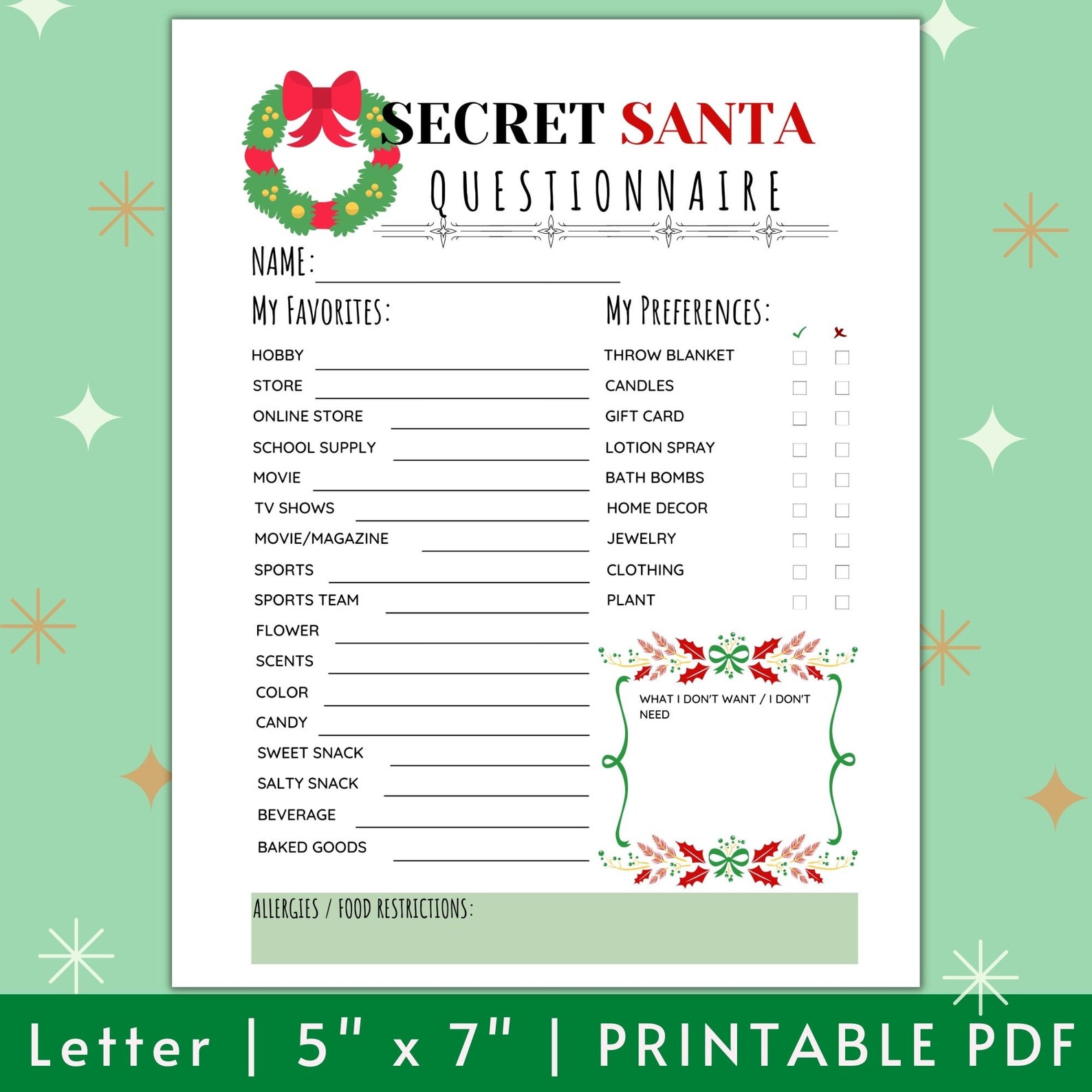 Printable Secret Santa Questionnaire for Christmas Gift Exchange ...