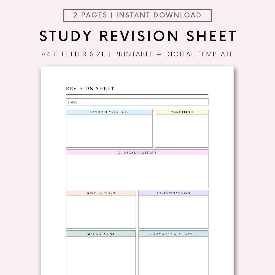 Printable Nursing Student Revision Sheet, Student Nurse Revision Sheet ...