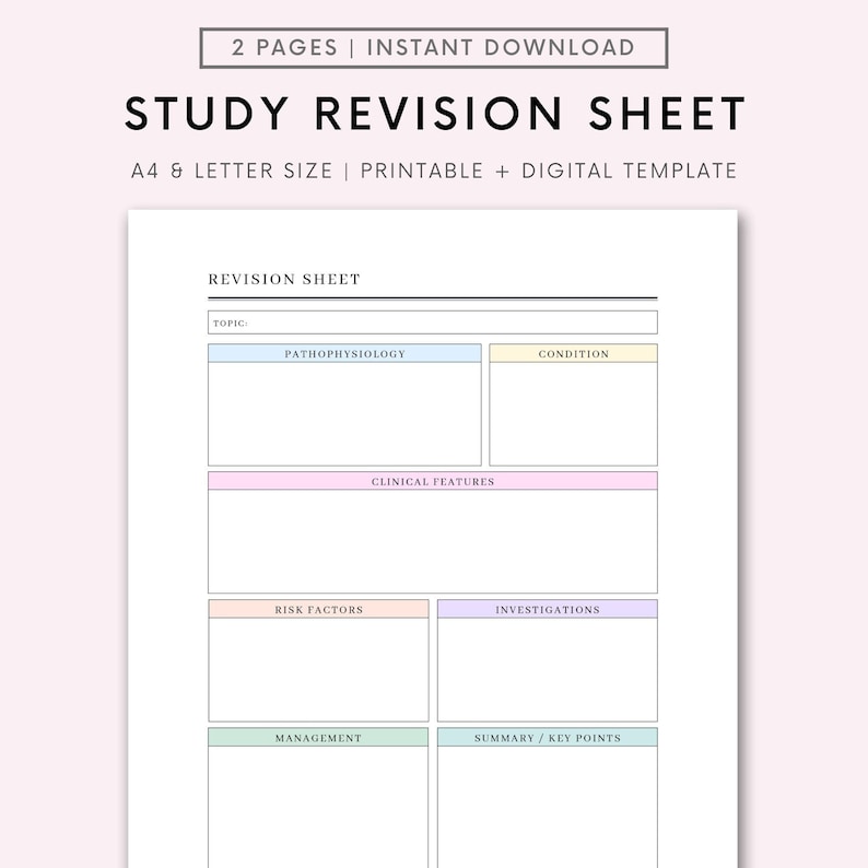 Printable Nursing Student Revision Sheet, Student Nurse Revision Sheet ...