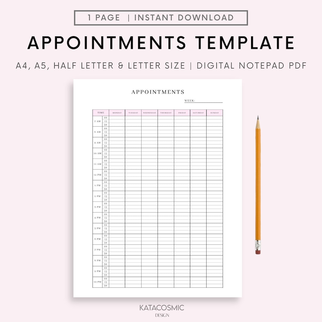 Printable Appointment Book, Print at Home Timeslot Booking Template for ...