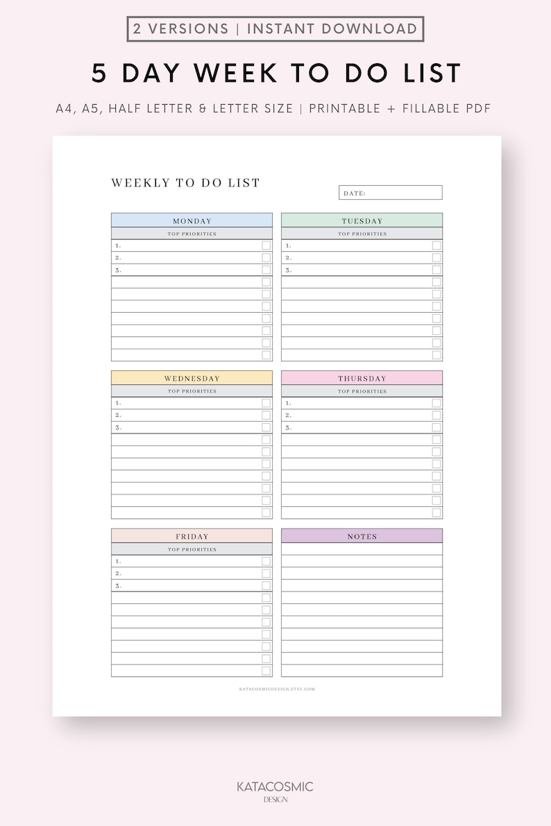 Five Day Weekly Planner Printable, Minimalist Weekly Agenda, Week at a ...