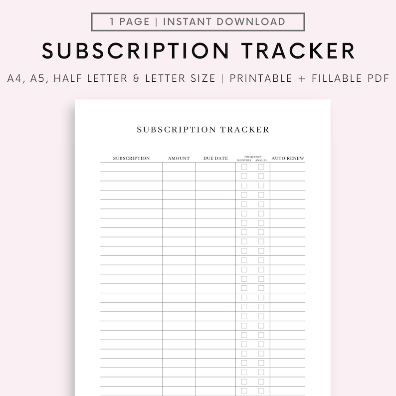 Subscription Tracker Printable Membership Checklist Expense - Etsy