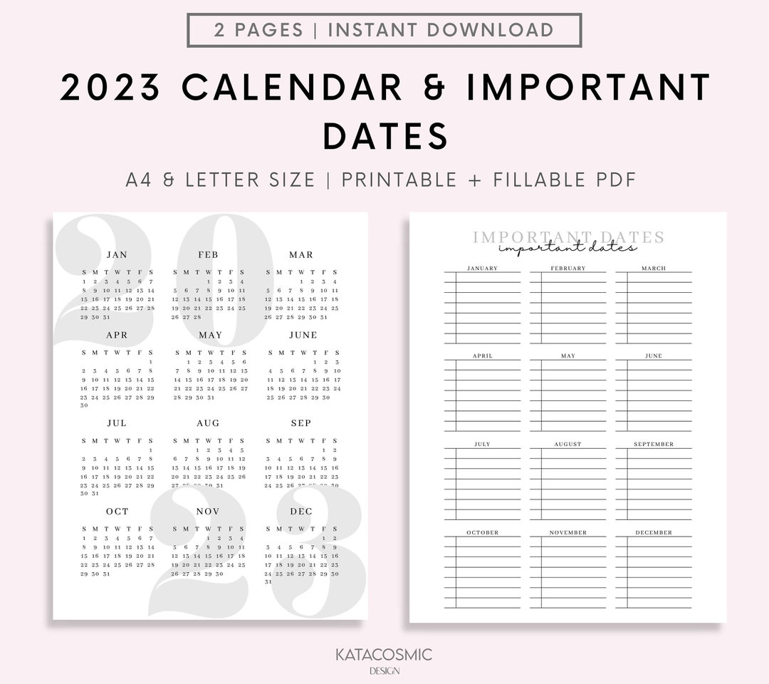 2023 Calendar and Important Dates Page Printable - Birthdays ...