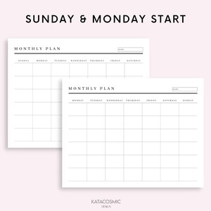 Undated Monthly Planner Printable Landscape, Monday & Sunday Start, Ink ...