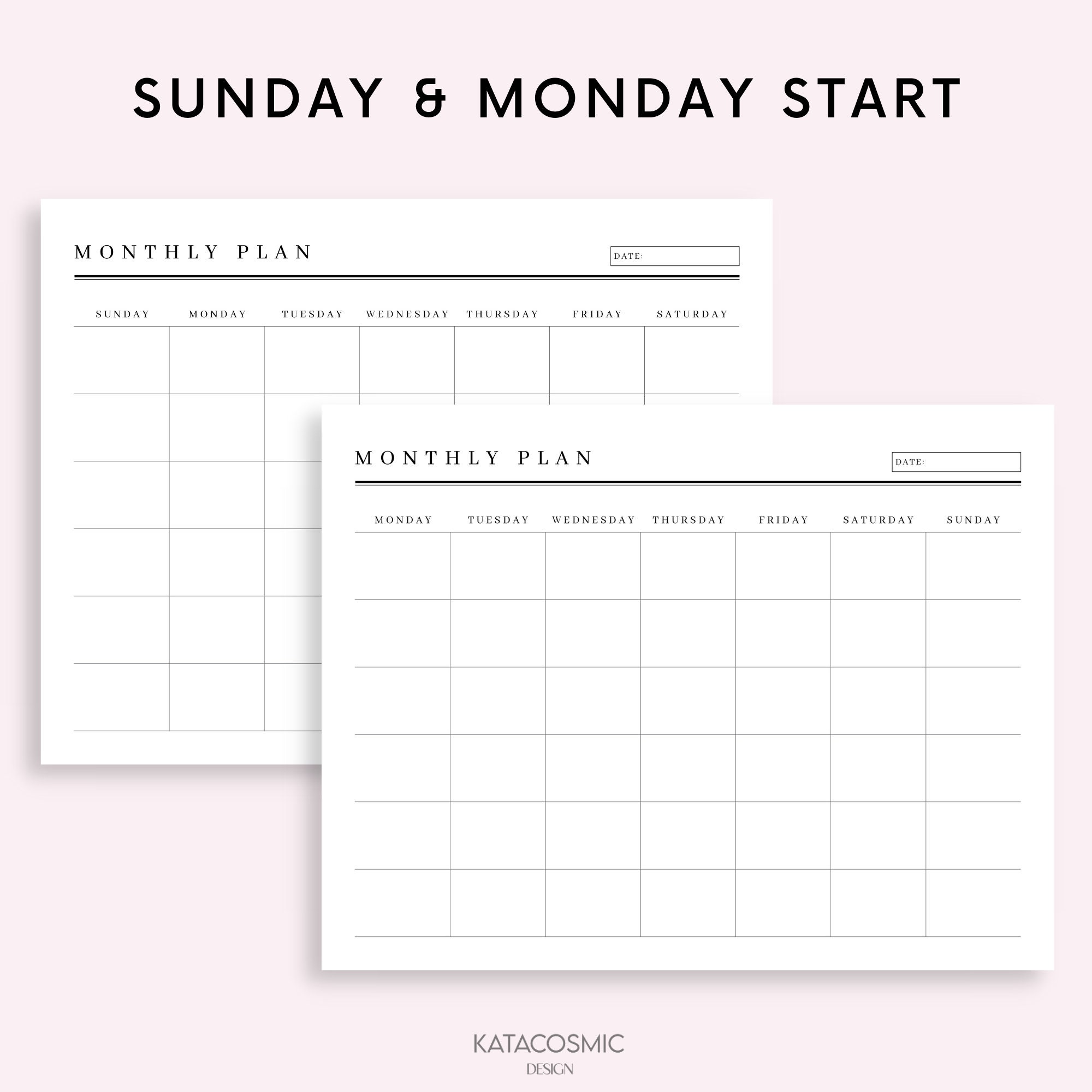 Undated Monthly Planner Printable Landscape Monday & Sunday - Etsy