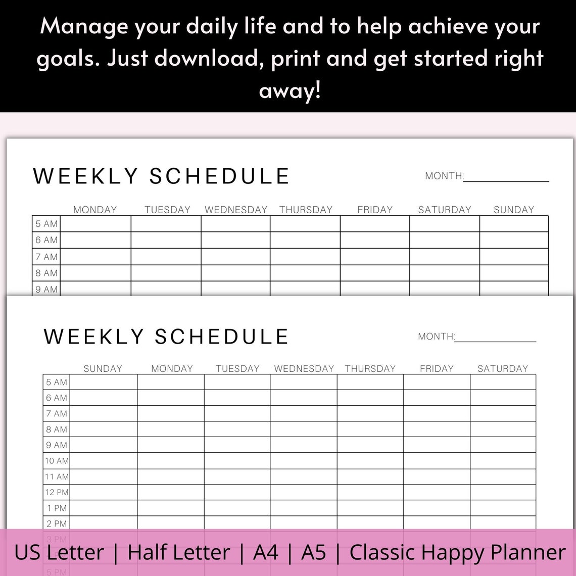 Hourly Weekly Schedule Landscape Weekly Planner Printable - Etsy