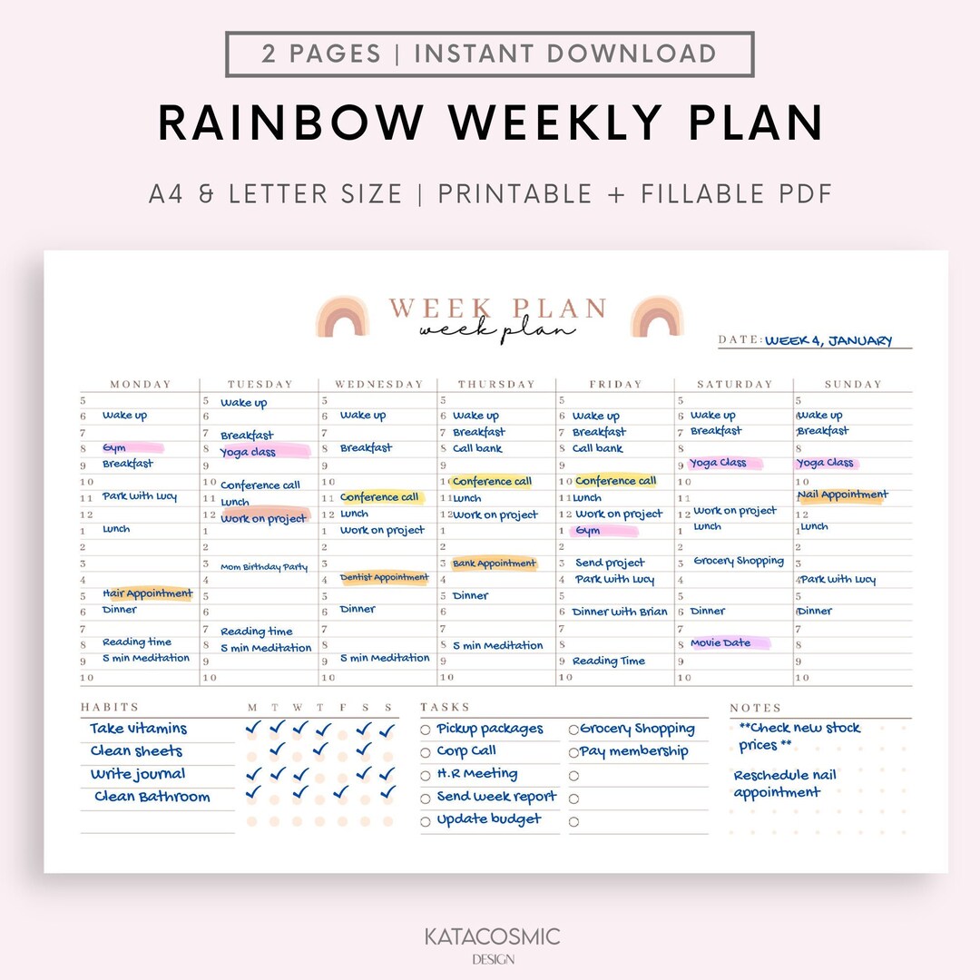 Hourly Weekly Schedule Landscape, Weekly Planner Printable, Week at a ...