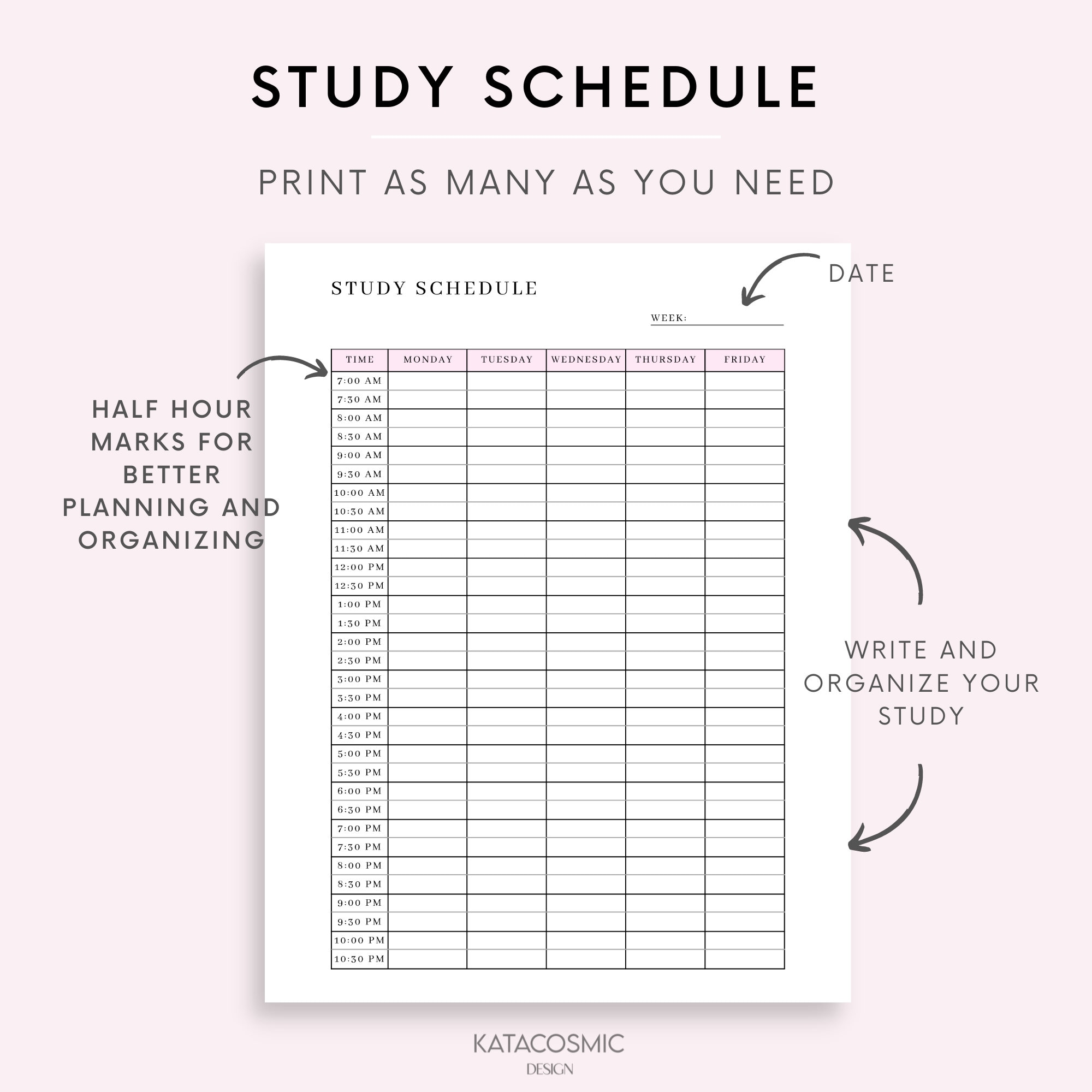 Minimalist Revision Timetable Printable Set, Hourly Agenda, Weekly ...