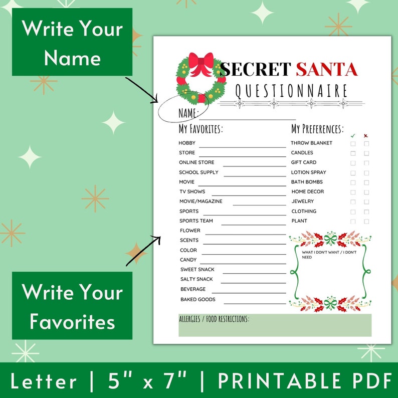 Printable Secret Santa Questionnaire for Christmas Gift | Etsy