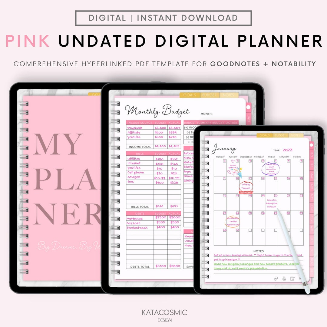 Pink Digital Planner, 2023 2024 Digital Planner, Undated Digital ...