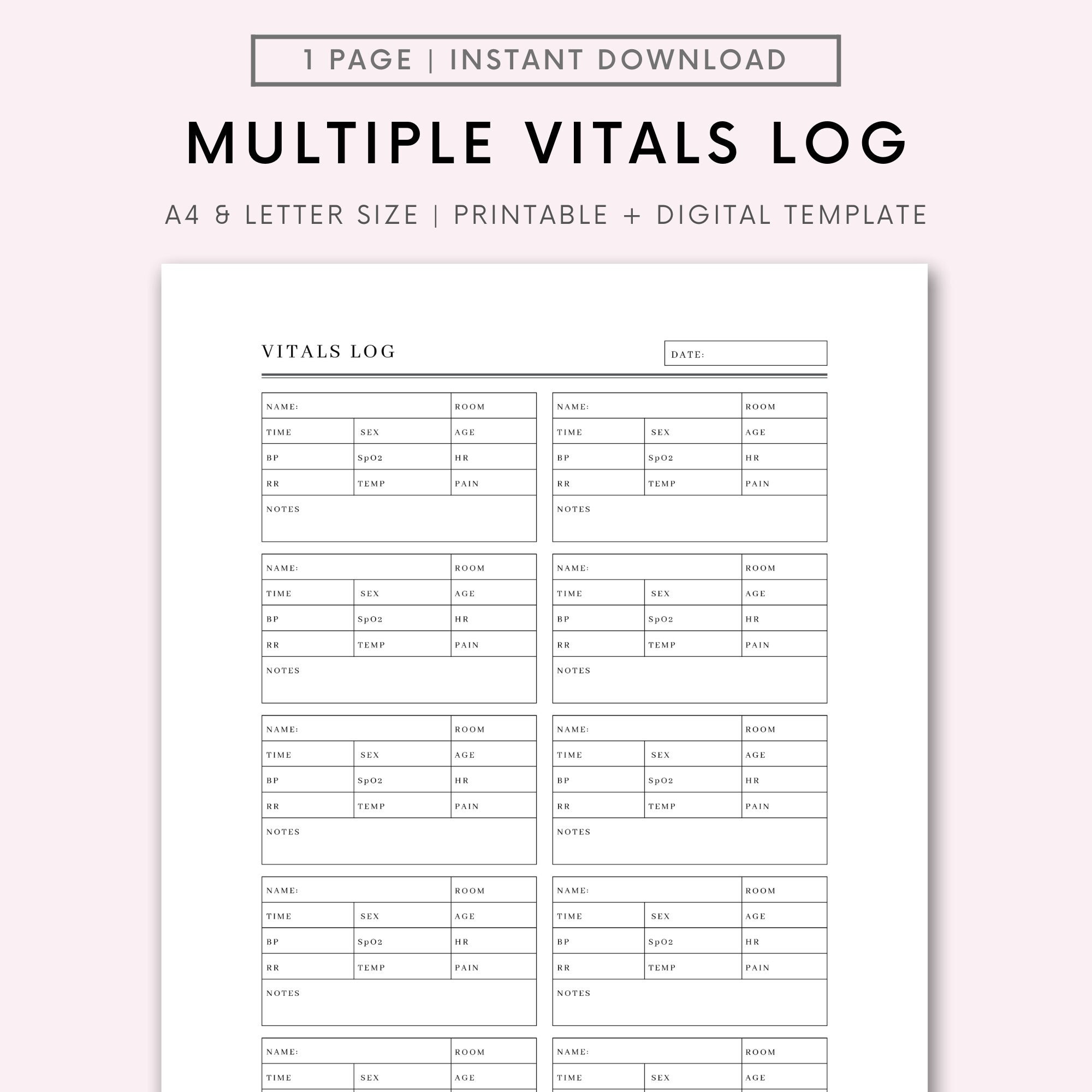 Multiple Patient Vital Signs Log, Vitals, Patient Vitals, Nursing ...