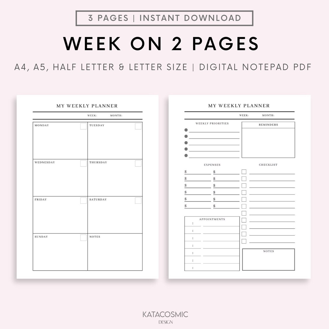 Week at a Glance Printable Undated Weekly Planner Template - Etsy