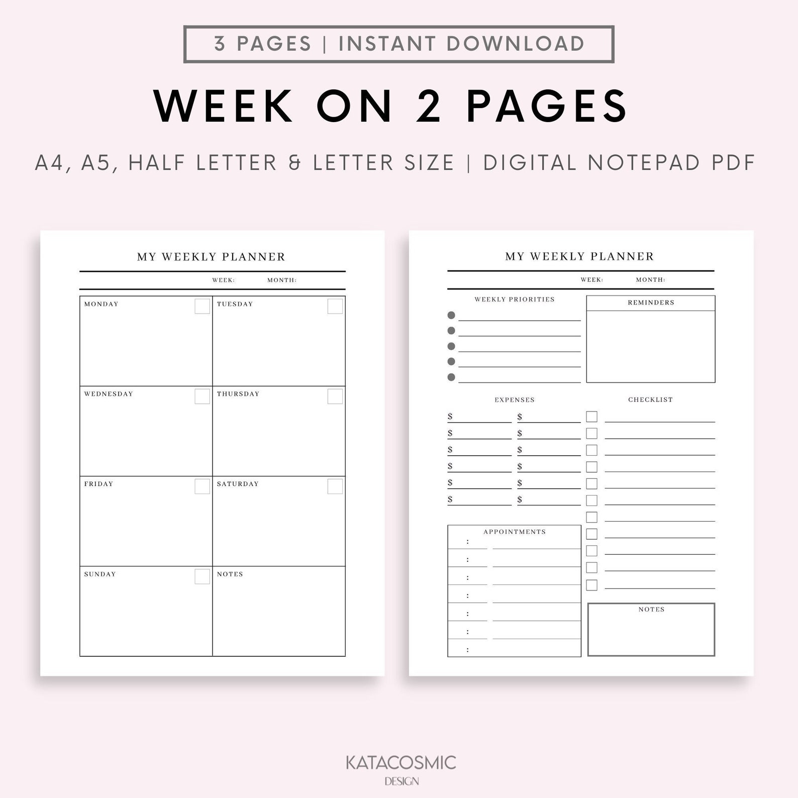 Week at a Glance Printable Undated Weekly Planner Template - Etsy