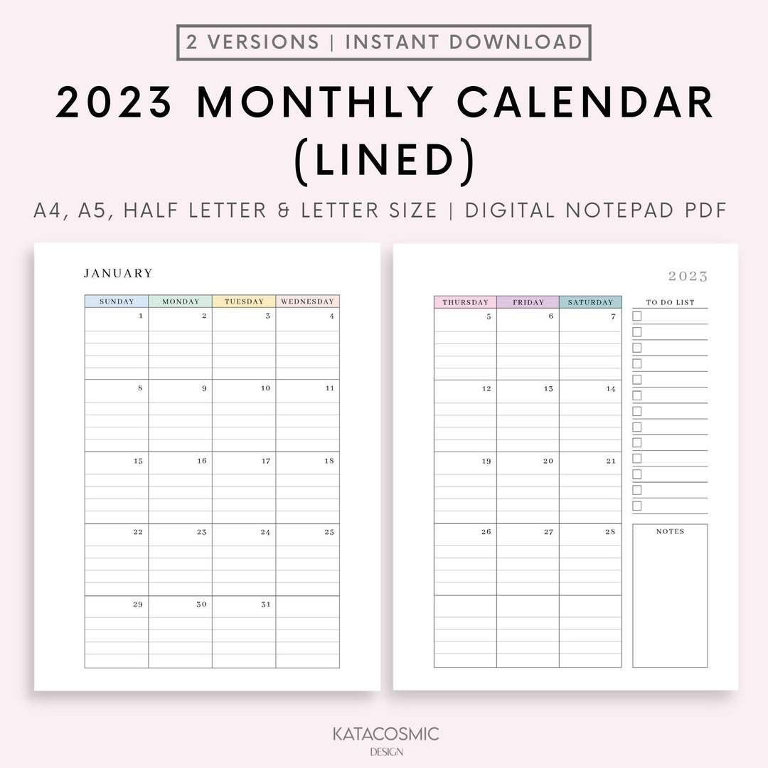 2023 Monthly Lined Calendar Printable, Dated Month on 2 Pages, 2023 ...