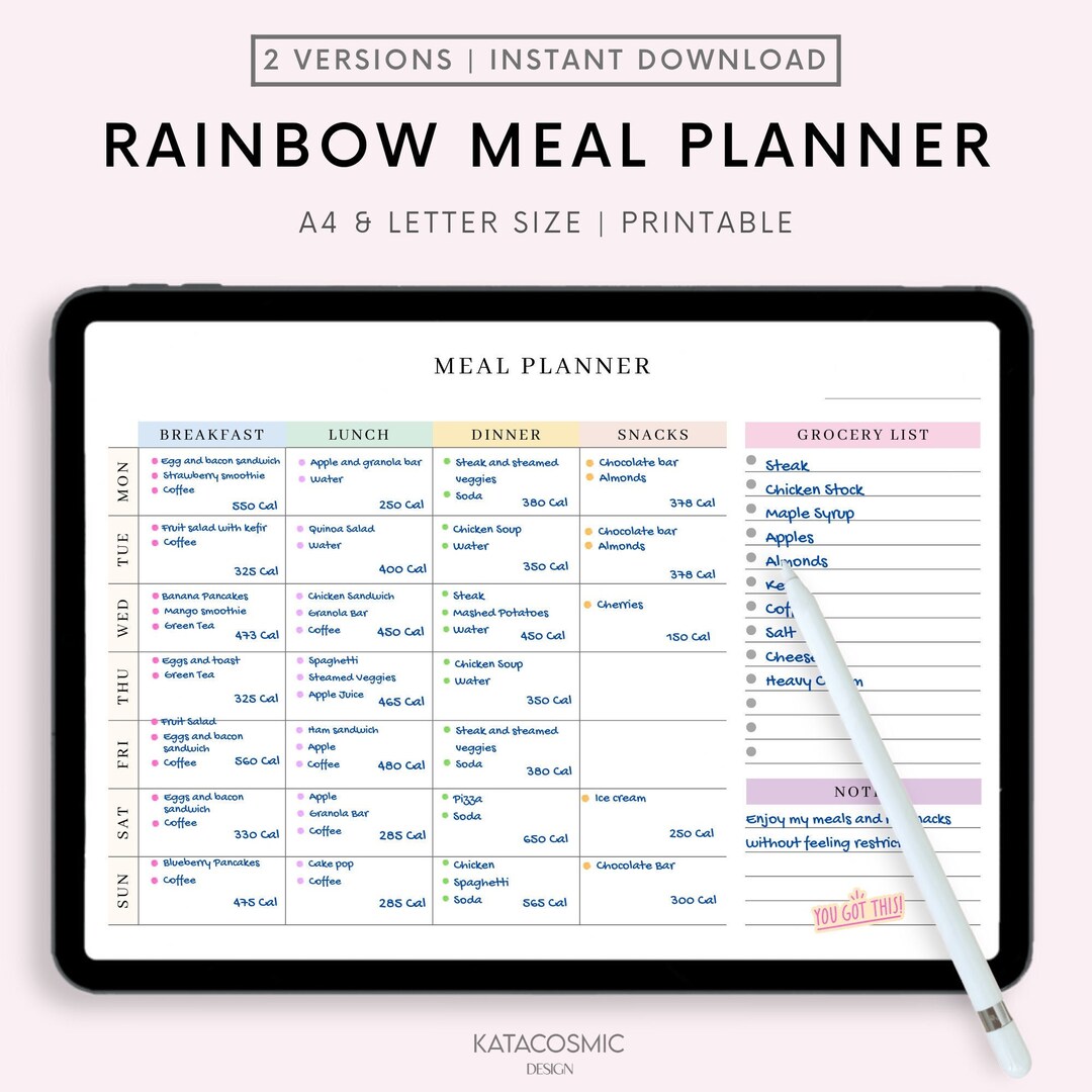 Rainbow Weekly Meal Planner Printable, Undated Weekly Meal Tracker ...