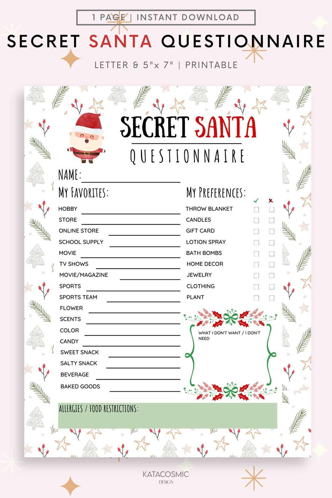 Christmas Secret Santa Questionnaire Invitation, Gift Exchange Form ...