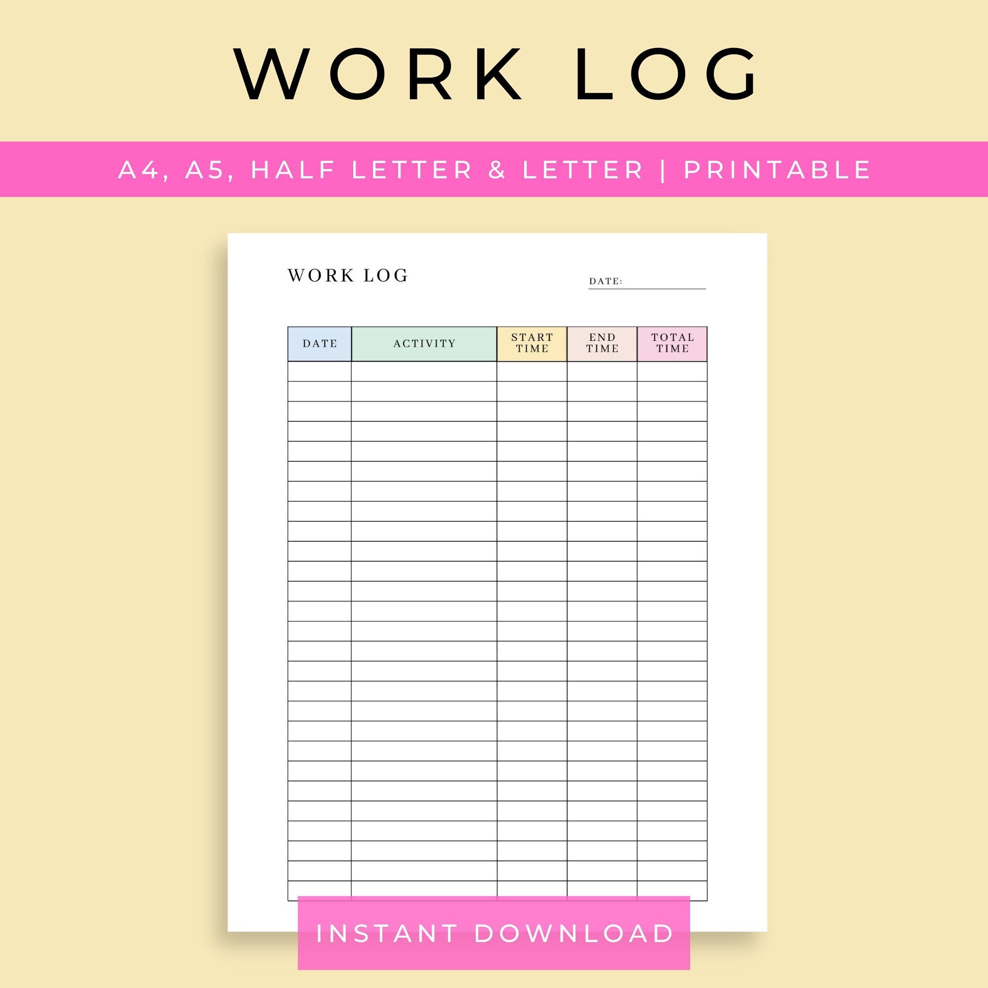 Printable Work Time Log and Tracker Activity Hours Log - Etsy