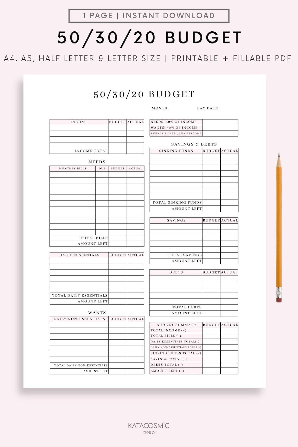 50/30/20 Budget Planner Template | Monthly Budget Sheet | Money ...