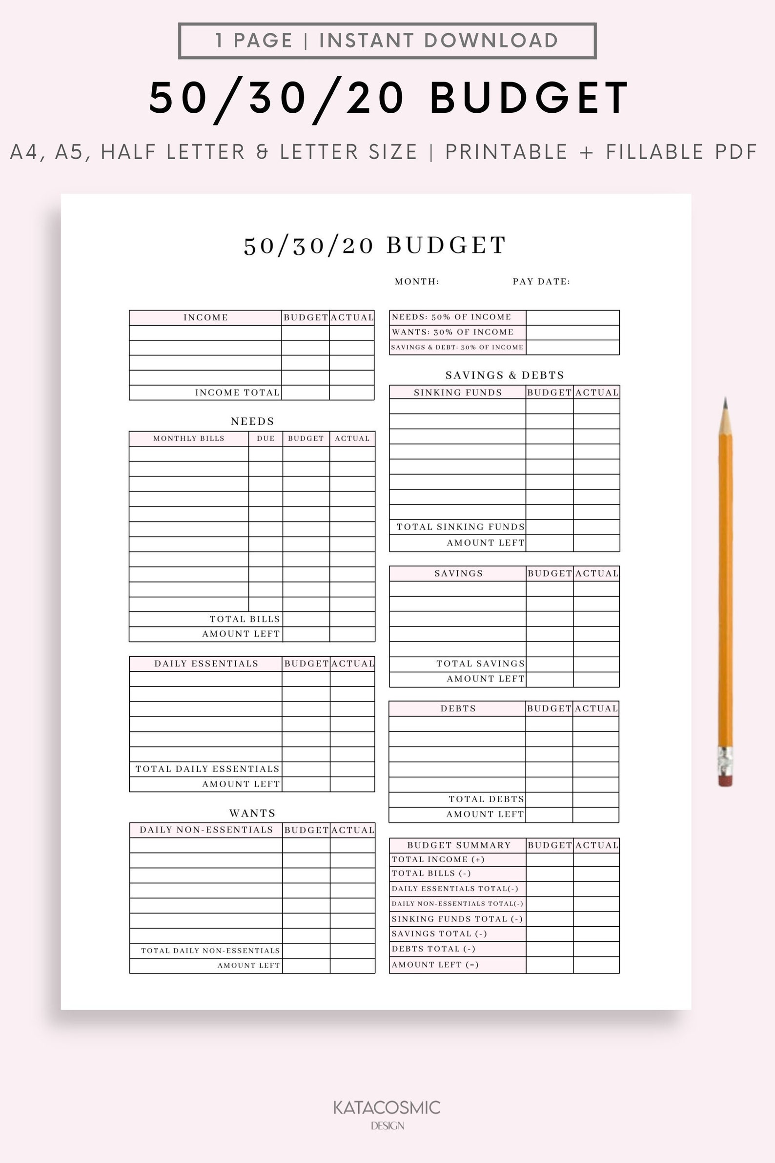 50/30/20 Budget Planner Template Monthly Budget Sheet - Etsy