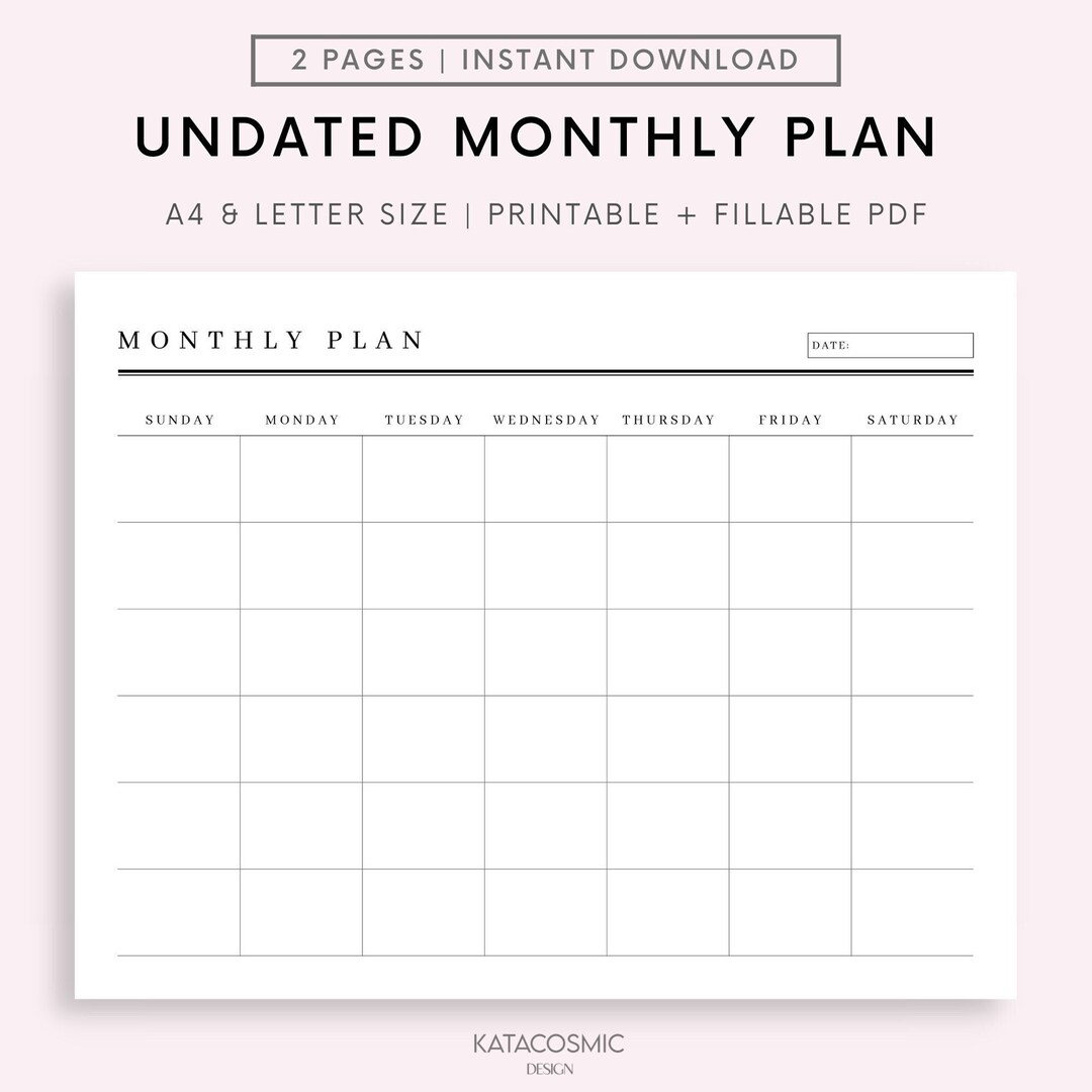 Undated Monthly Planner Printable Landscape, Monday & Sunday Start, Ink ...