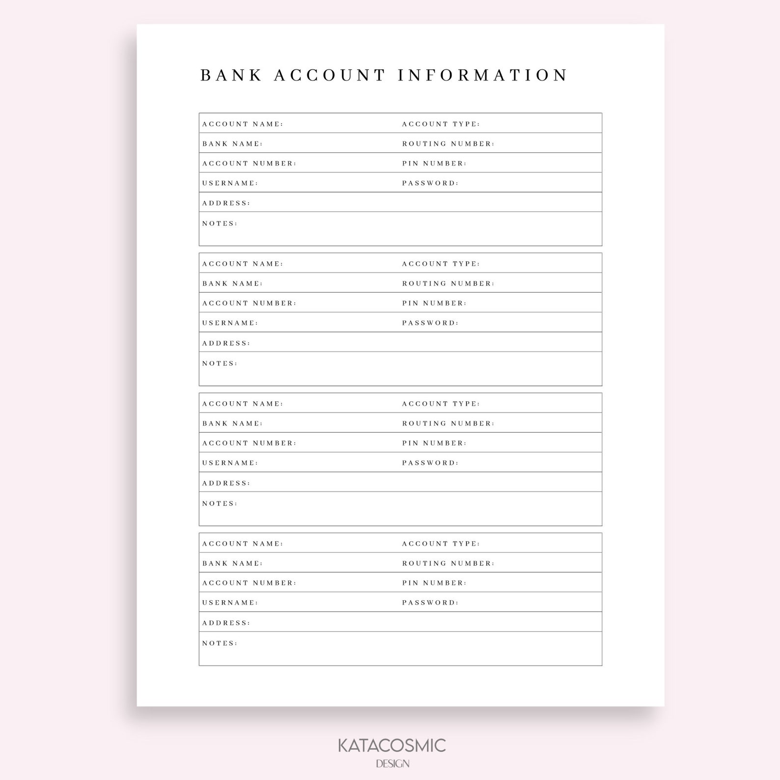 Bank Account Information Tracker Printable, Bank Account Log, Bank ...