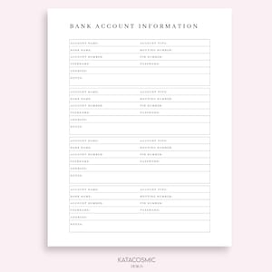 Bank Account Information Tracker Printable, Bank Account Log, Bank ...
