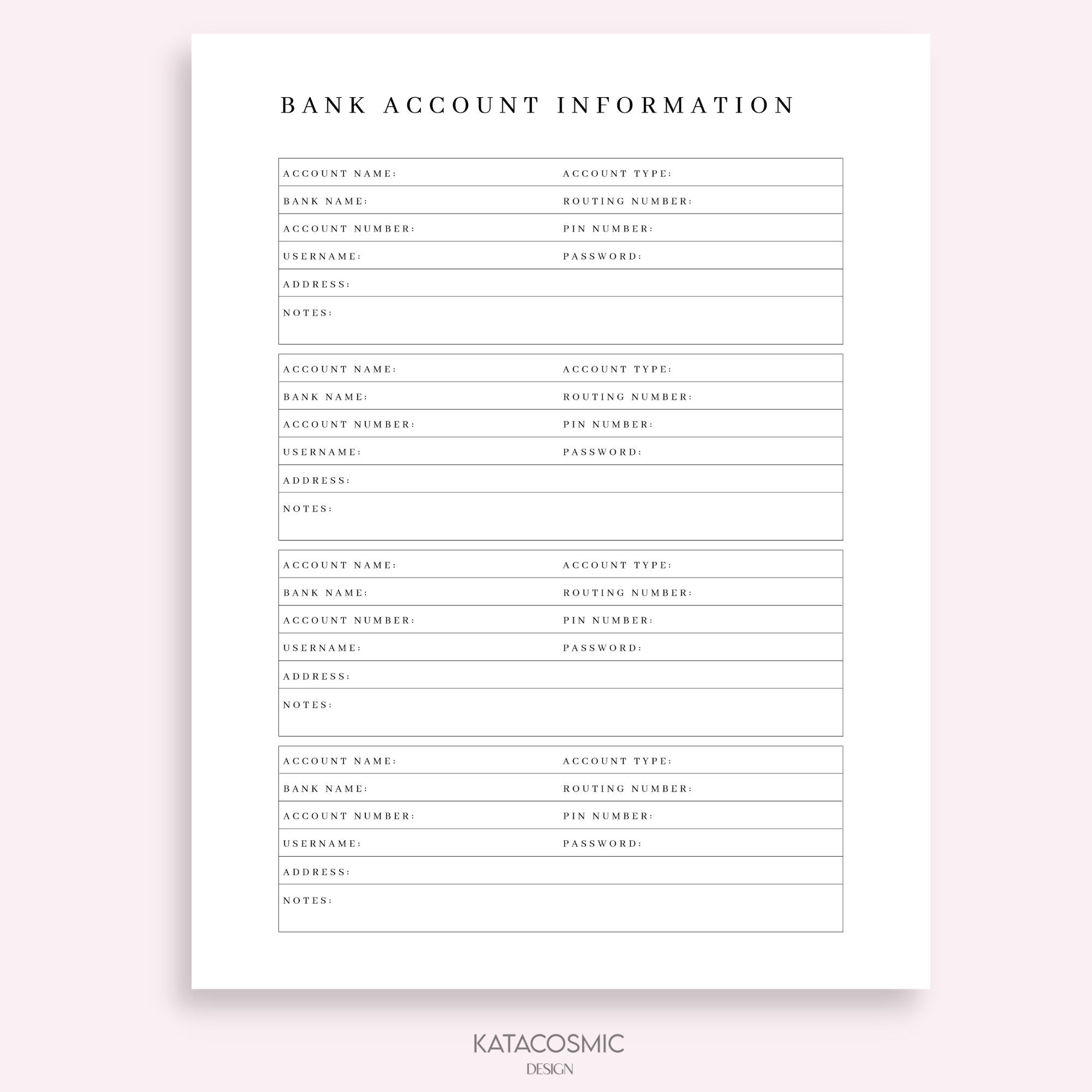 Bank Account Information Tracker Printable, Bank Account Log, Bank ...