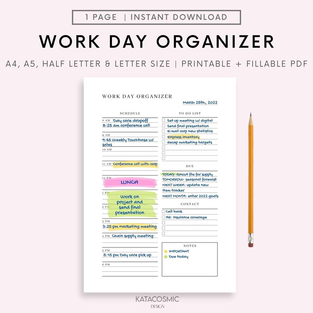 Work Day Organizer,work Planner,work Schedule,daily Organizer,employee ...